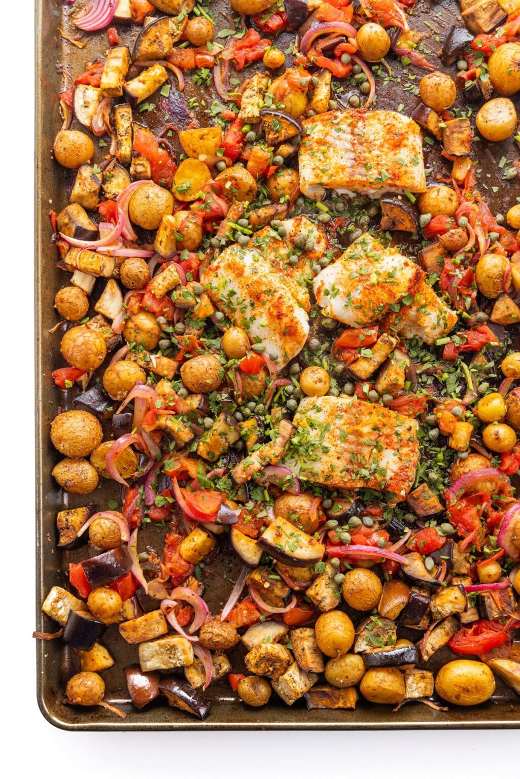 Mediterranean Baked White Fish with Potatoes, Eggplant, and Tomatoes ...